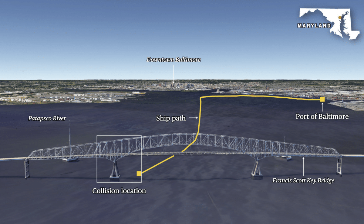 Baltimore's Key Bridge Collapses After Cargo Ship Hits Support Pillar