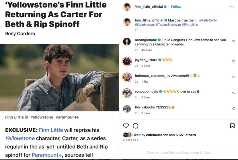 Beth & Rip’s "Yellowstone" Spin-Off Adds A Familiar Face As Finn Little ...